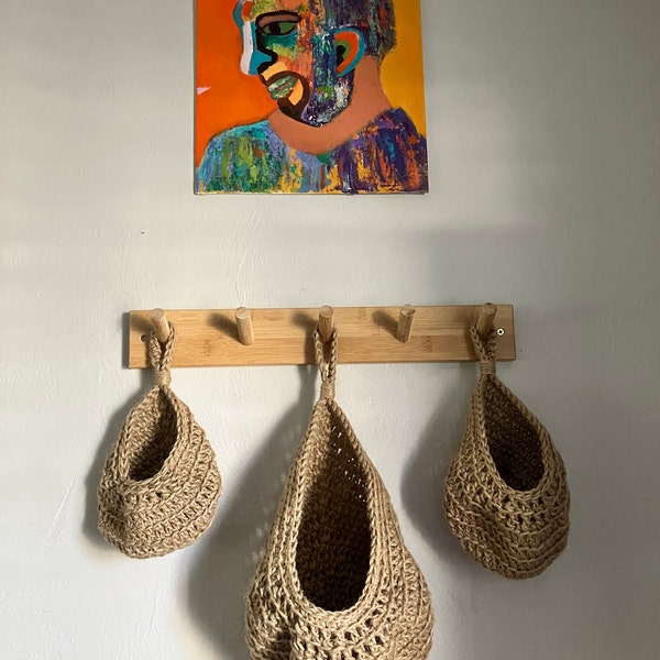 Set of Three Jute Wall Hanging Baskets, Kitchen Storage Basket ...