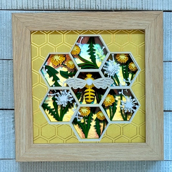 3D Bee Shadow Box SVG Layered Dandelions SVG, Spring Shadow Box, Honey Bee 3D Svg, Honey Comb 3d ...