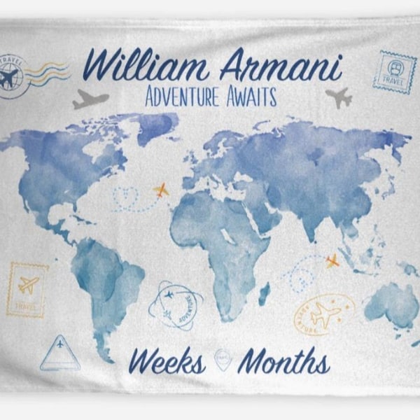 World Map Baby Milestone Blanket Boy, Personalized Name Monthly ...