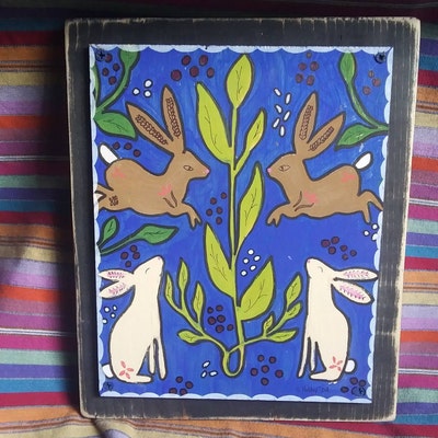 Handmade Vintage ART PRINT French Blue Colorful Birds Floral Script ...