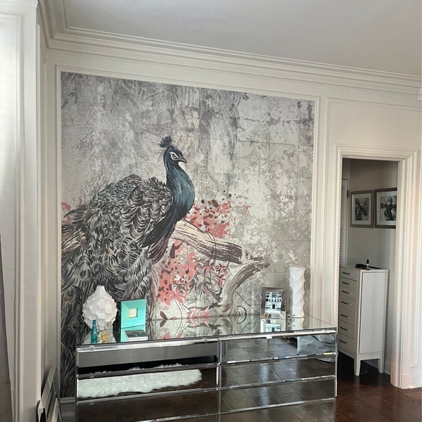 Watercolor Peacock Wall Mural, Peacock With Floral Removable Wallpaper ...