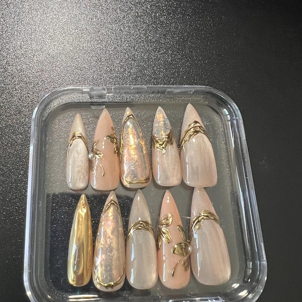 Handmade Opal Luxe Press on Nails | 3D Gold Gel Frames, Iridescent ...