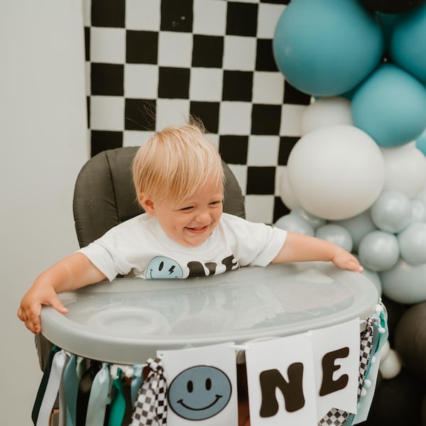 Blue One Happy Dude High Chair Banner, First Birthday Boy Decor, One ...