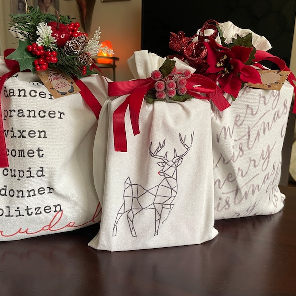 Christmas Fabric Gift Bag, Reusable Drawstring, Xmas, Holiday, Premium ...