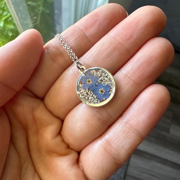 Handmade Pressed Flower Heart Locket Necklace Forget Me Not Flower ...