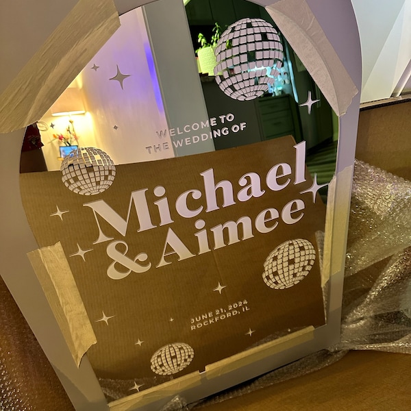 Arched Wedding Retro Welcome Sign - Disco Ball Wedding Sign - Wedding ...
