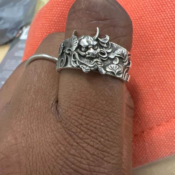 Silver Japanese Hannya Ring, Oni Mask Wide Band Ring, Demon Engraved ...