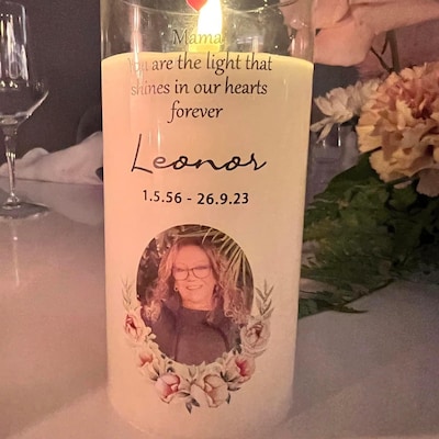 Personalised Photo Memorial Candle, RIP Flameless Flickering LED Glass ...