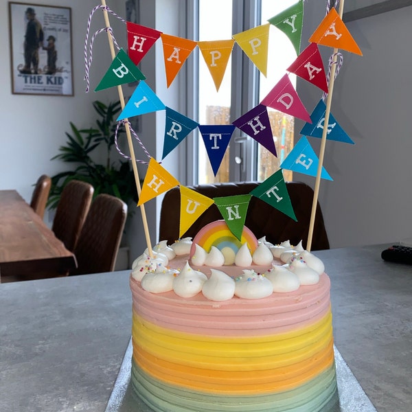 Personalised Rainbow Cake Bunting, Fabric Cake Topper, Rainbow Cake ...