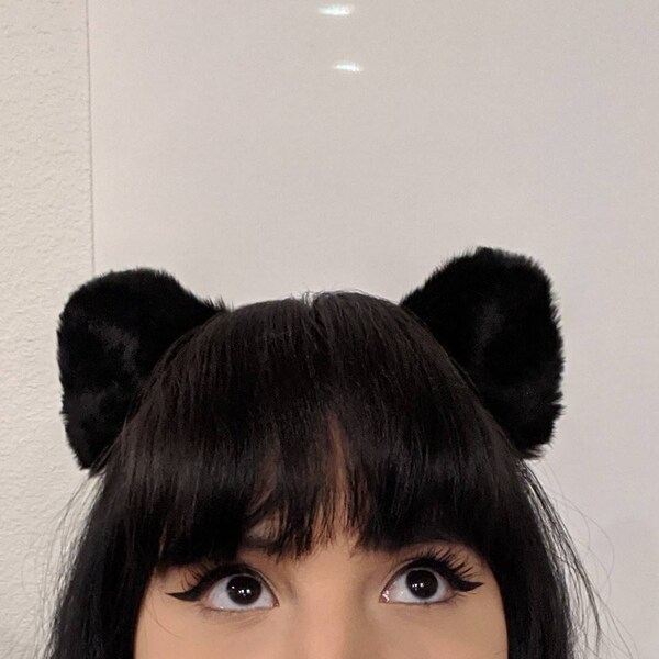 Fluffy Black Wolf Ears Leather/ Realistic Cosplay Kitten Pet Play Furry ...