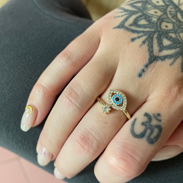 Minimalist Adjustable Evil Eye Ring, Zircon Evil Eye Charm Ring, Adjustable Minimalist Ring in ...