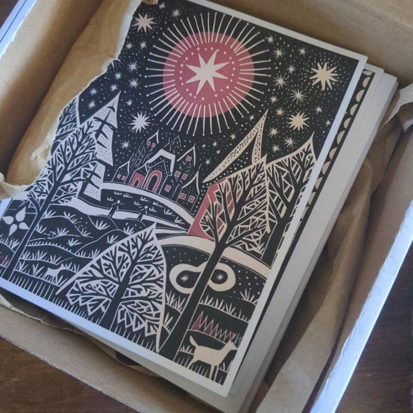 8 Assorted Block Print Style Christmas Cards Set | Winter Village ...