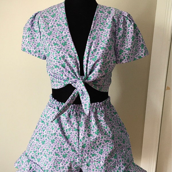 Tie Front Top & High Waist Flounce Hem Short Matching Set PDF Sewing ...