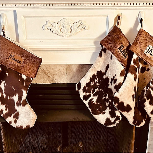 Cow Print Christmas Stockings, Cowhide Print, Burnt Orange, Tri Color ...