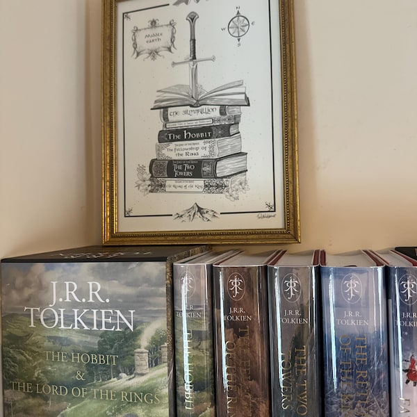 Tolkien Inspired Hand Drawn Book Stack Illustration Print // Lotr ...