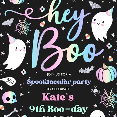 Editable Halloween Pastel Ghost Birthday Invitation Hey Boo Girly Cute ...