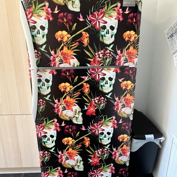 Gothic Refrigerator Wrap Side by Side, Vinyl Skull Black Tropical ...