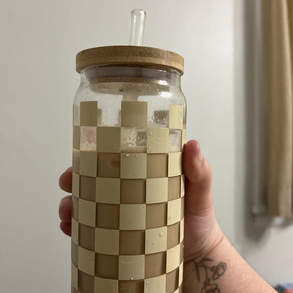 Retro Checkered Iced Coffee Glass Cup,aesthetic Checkered Glass,groovy ...
