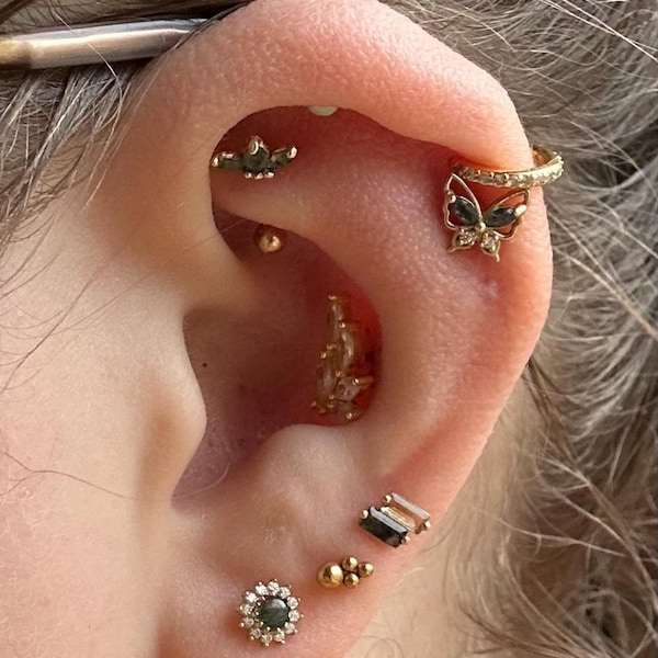 14k Solid Gold Freshwater Pearl Bow Earring, Butterfly Knot Stud Earring, Helix Stud, Gold Conch ...