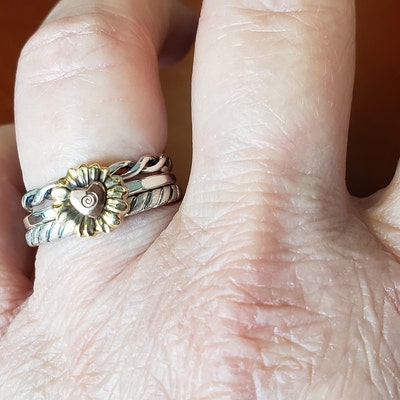 Yellow Sunflower Ring, Flower Ring, Sunflower Stack Ring, Heart Ring, Sterling Ring, Silver Ring ...
