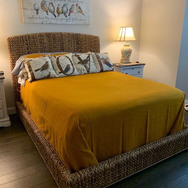 Amber Yellow Linen Bedspread - Saffron King Queen Bed Cover- Ochre ...