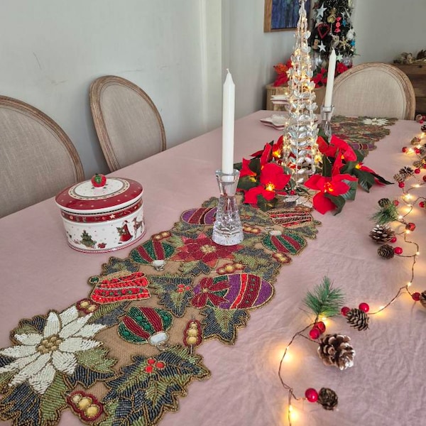 Handmade Christmas Table Runner, Beaded Runner, Centerpiece Multi ...