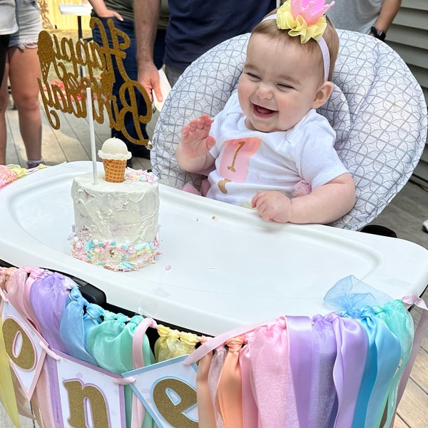 Pastel Rainbow High Chair Birthday Banner and Ribbon Garland Set ...
