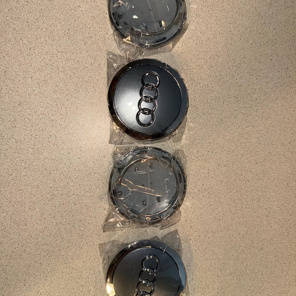 4PC Set Audi 69mm Chrome Black Gray Wheel Rim Center Hub Caps Emblem ...