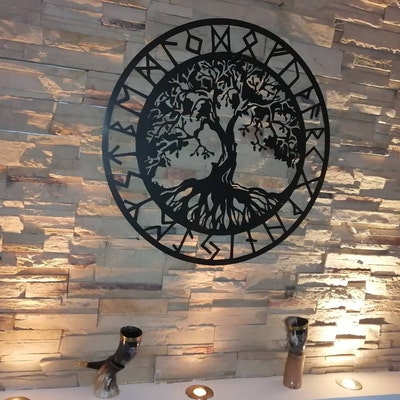 Viking Runes & Tree of Life Metal Wall Art, Vegvisir Wall Decor, Metal ...