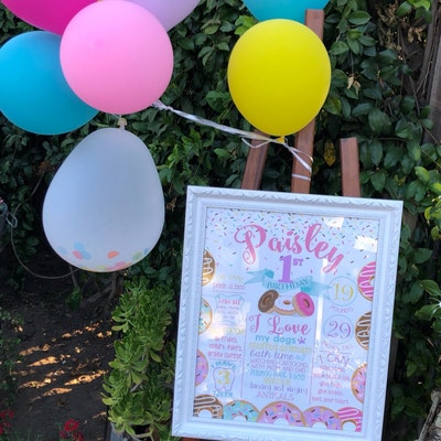 Donut First Birthday Chalkboard Poster, Donut Pink Purple Teal 1st ...