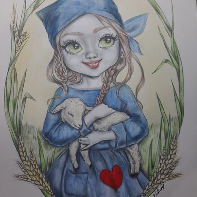 Golden Ears of Wheat Grayscale Coloring Page Happy Cute Farmer Girl and ...