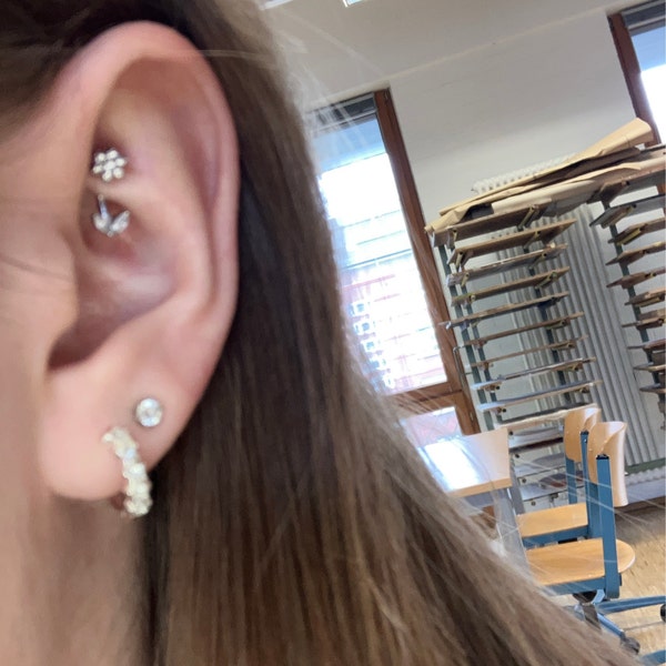 16G Silver Flower Sparkle Curved Barbell/rook Earring/eyebrow Ring/rook ...