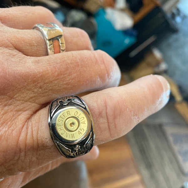 Stainless Steel Bullet Ring With Hand Guns and Brass 45 Auto Bullets ...