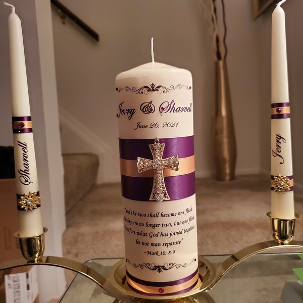 Purple and Gold Unity Candle Set, Wedding Unity Candle Set Personalized ...