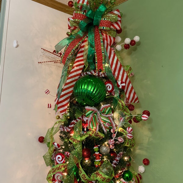 Whimsical Tree Topper, Red and Green Tree Topper, Christmas Tree Bow ...
