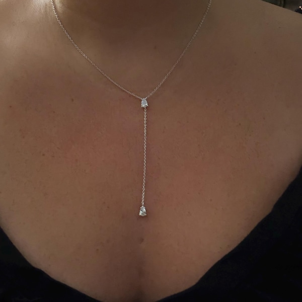 ARZU | Dainty Diamond Lariat Necklace, 2 Diamond Drop Y Necklace ...