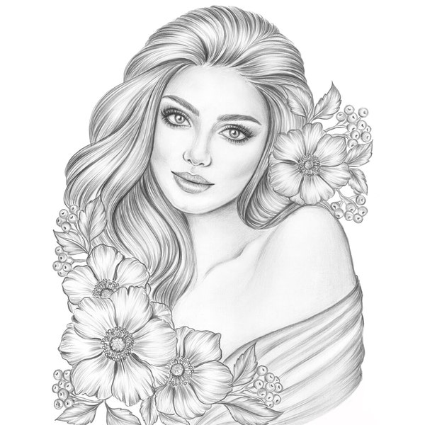 Katherine| Adult Coloring Page| Portrait Coloring | Grayscale Coloring ...