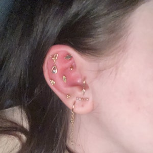 14K Solid Gold Moss Agate Rook Eyebrow Earring 3 Marquise Flower Curved ...