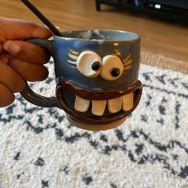 PENELOPE Pottery Chicken Mug in Blue. Cute Hot Tea Mug. Funny Face ...