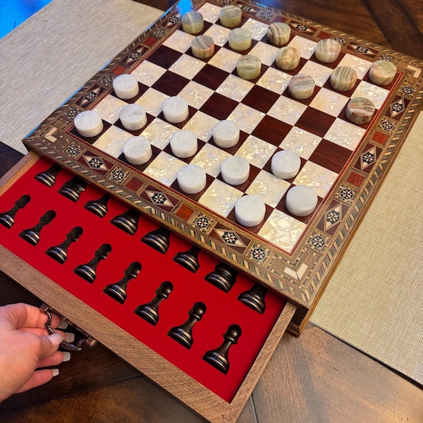 Dad Birthday Gift Large Chess Set, Handmade Chess Board With Storage ...