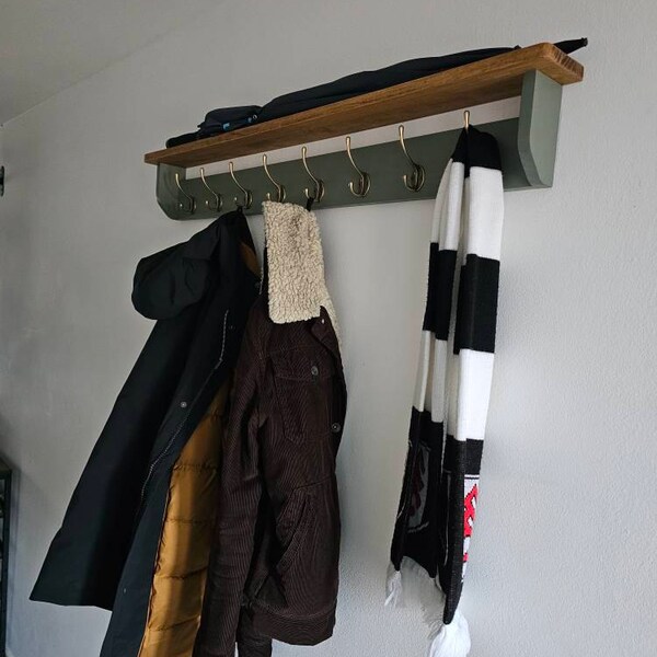 GREEN COAT RACK With Shelf (dark Wax, 10cm Deep), Shelf With Hooks ...