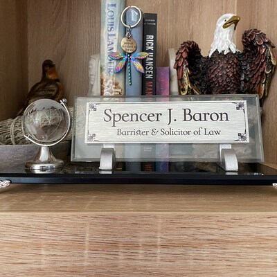 Custom Medical Doctor Desk Name Plate With Logo and Globe, Black Glass ...