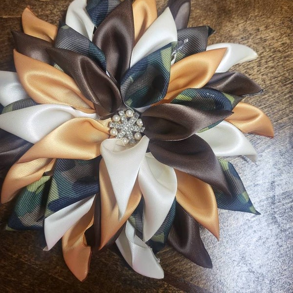 Green, Lime Green, White & Gold/satin Flower Pin/brooch/ Shoulder Pin ...