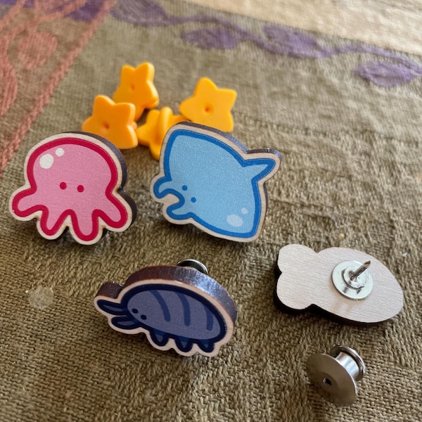 Wooden Animal Pins | Cute Creature Badges Funny Cartoon Gifts Set - Etsy