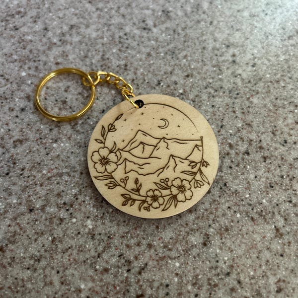 Mountain Keychains | Boho Landscape Keychain | Engraved Wood Keychain ...
