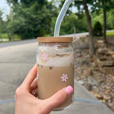 Flower Glass Cups, Floral Iced Coffee Cup, Glass Cups With Lid and ...