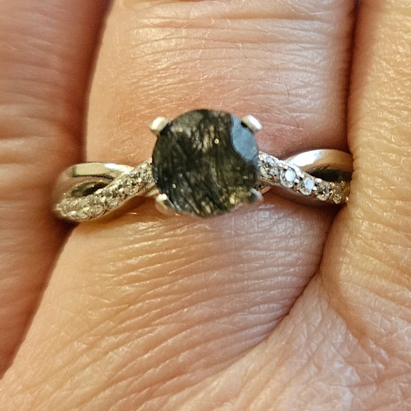 Genuine Black Rutilated Quartz Ring Black Rutile Engagement Ring Leaf ...