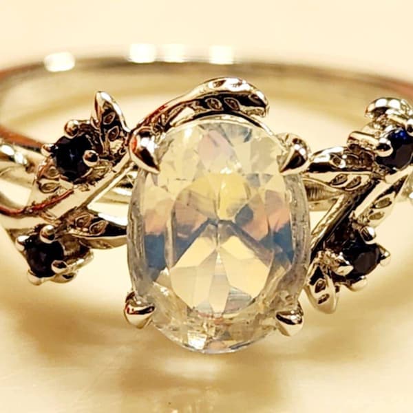 Black Gold White Opal Engagement Ring Set Branch Leaf Moonstone Wedding ...