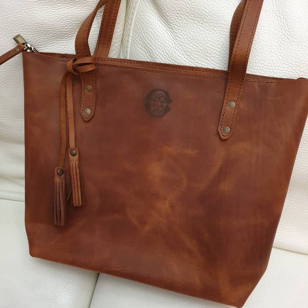 Long Handles Leather Tote, Leather Shoulder Purse for Women, Distressed ...