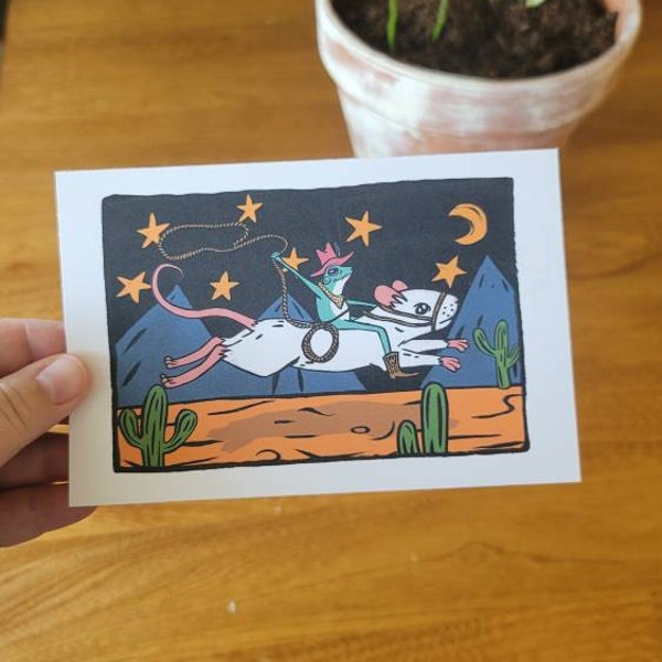 Framed Cowboy Frog Riding Mouse Print - Ready to Hang 4"x6" Wall Print ...